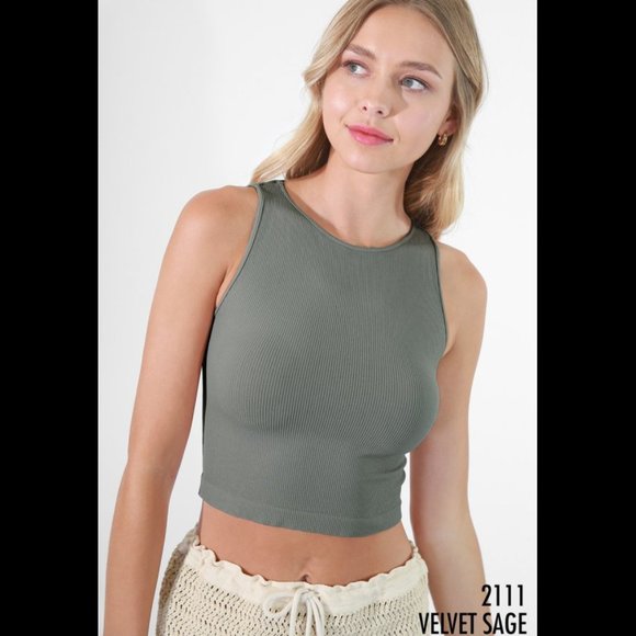 Nikibiki | Tops | New Velvet Sage Green High Neck Ribbed Crop Top ...